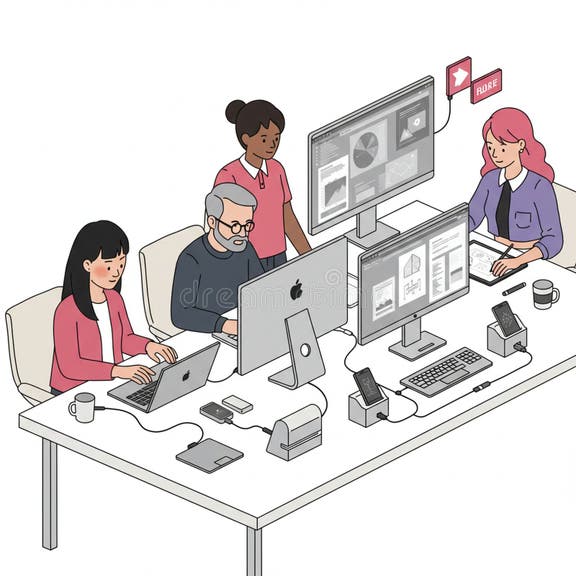 Illustration of a Collaborative Office Setting with Four Diverse ...