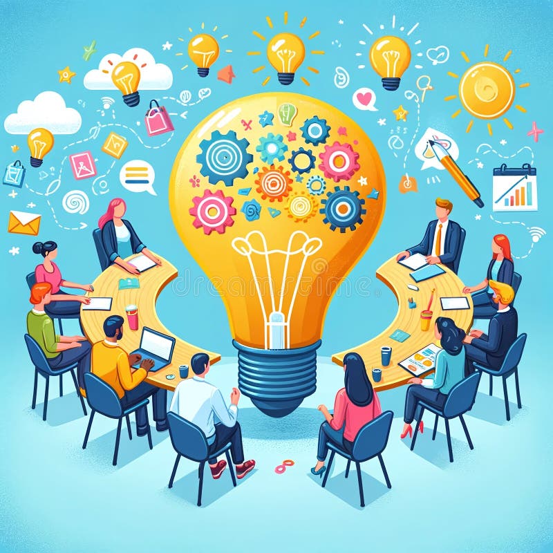 Illustration of a Collaborative Team Working Around a Giant Light Bulb ...