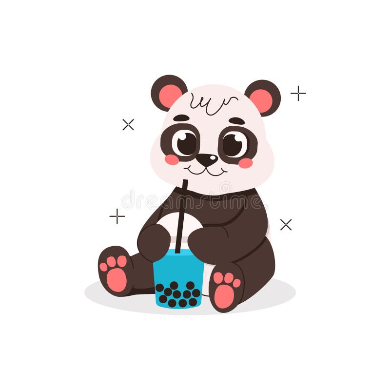Illustration from a Collection of Cute Animals. Panda Sits and Drinks a ...