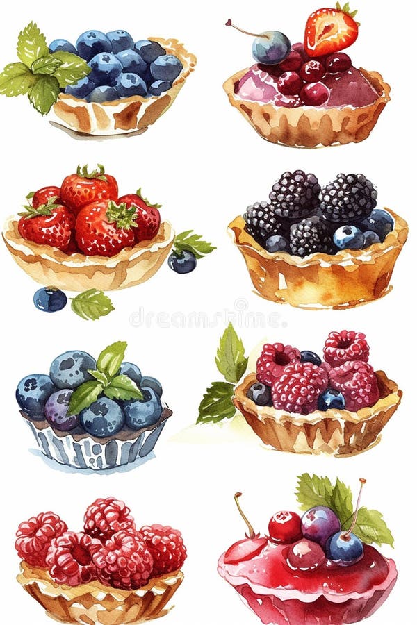 Illustration Collection of Various Pastries with Berries on a White ...