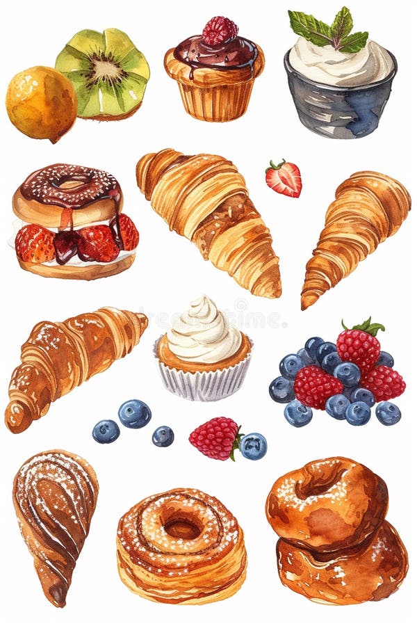 Illustration Collection of Various Pastries on a White Background Stock ...