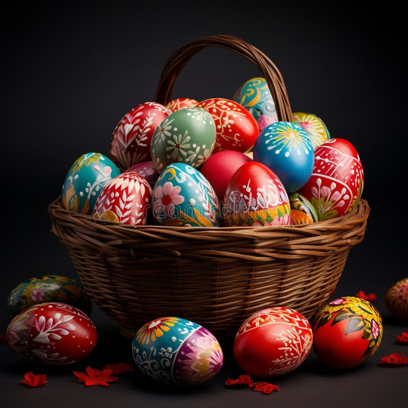Illustration of Colorful Easter Eggs in Basket, Generative Ai Stock ...