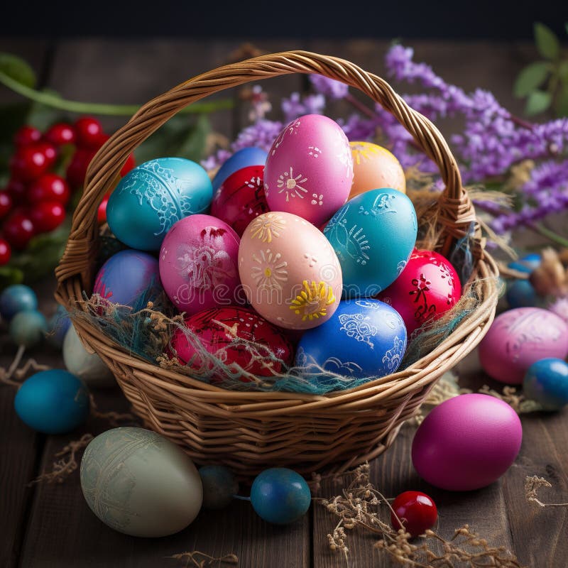 Illustration of Colorful Easter Eggs in Basket, Generative Ai Stock ...