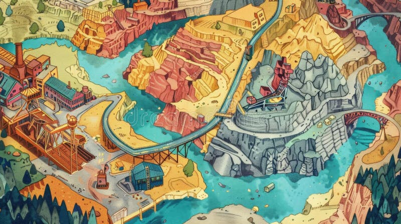 Illustration of a Colorful Map of a Gold Mining Site Stock Illustration ...