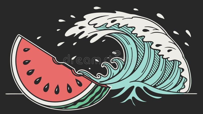 Ocean Wave with Watermelon Illustration. Summer and Sea Fusion Art ...