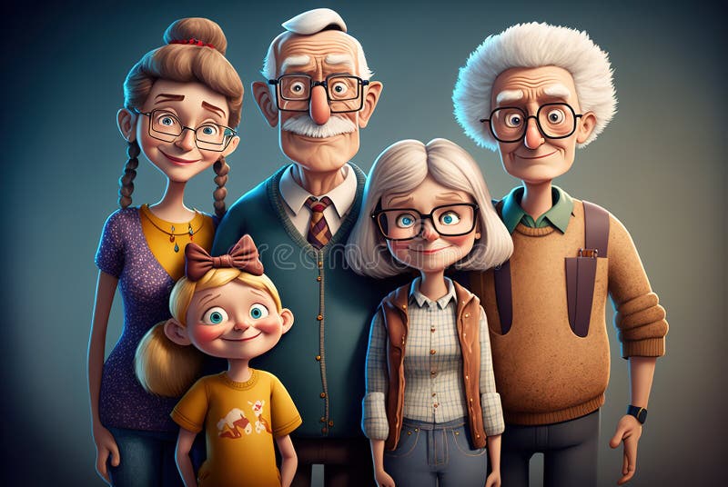 Illustration in Comic Style of an Intergenerational Family. Ai ...