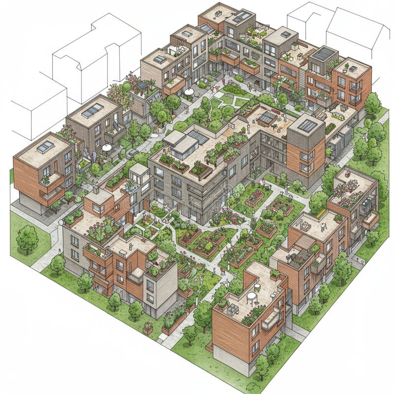 Illustration of a Compact Residential Complex Featuring Modern, Modular ...