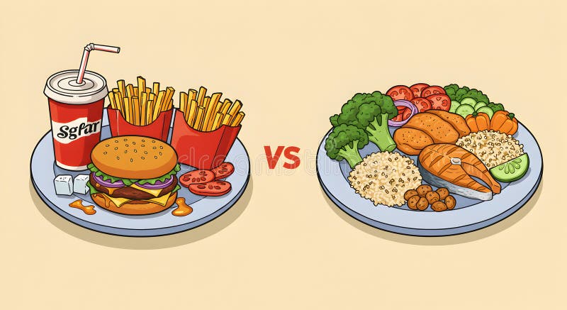 Unhealthy Vs. Healthy Eating Stock Illustration - Illustration of drink ...