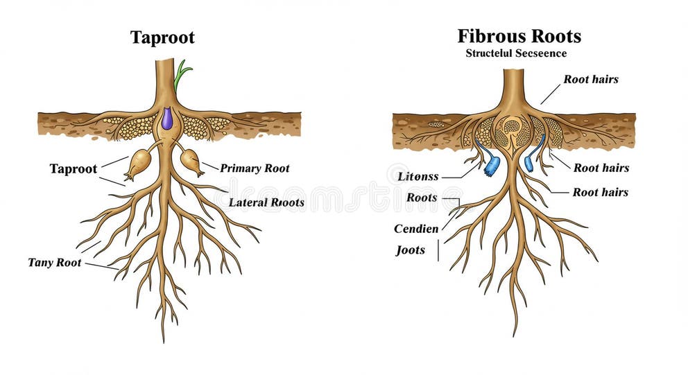 Illustration Comparing Taproot and Fibrous Root Systems. the Taproot ...