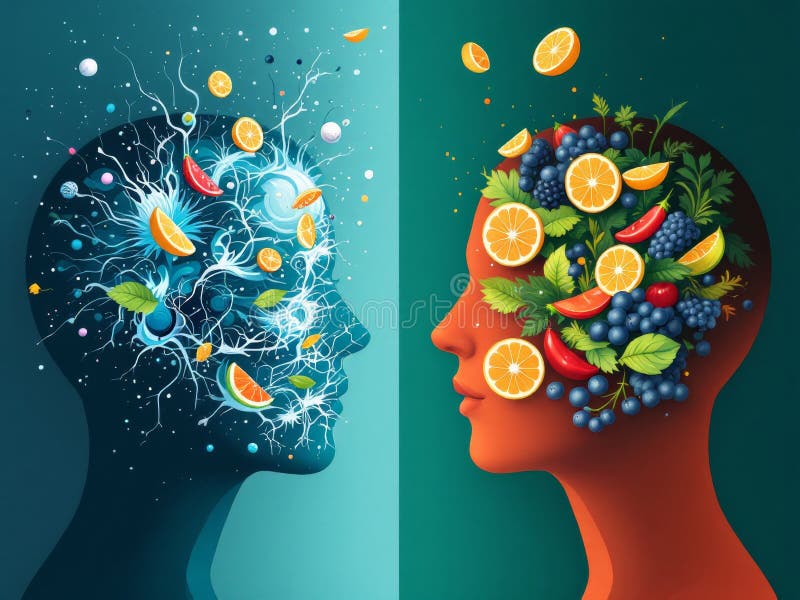 Two Minds Side-by-side. One is Full of Vibrant Fruits and Leaves, while ...