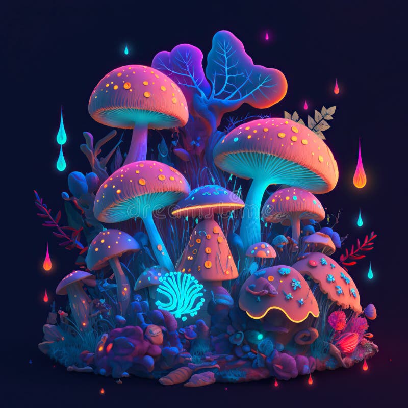 Rain and Neon mushrooms stock illustration. Illustration of composition ...