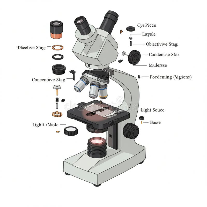 Illustration of a Compound Microscope with Labeled Parts and Exploded ...