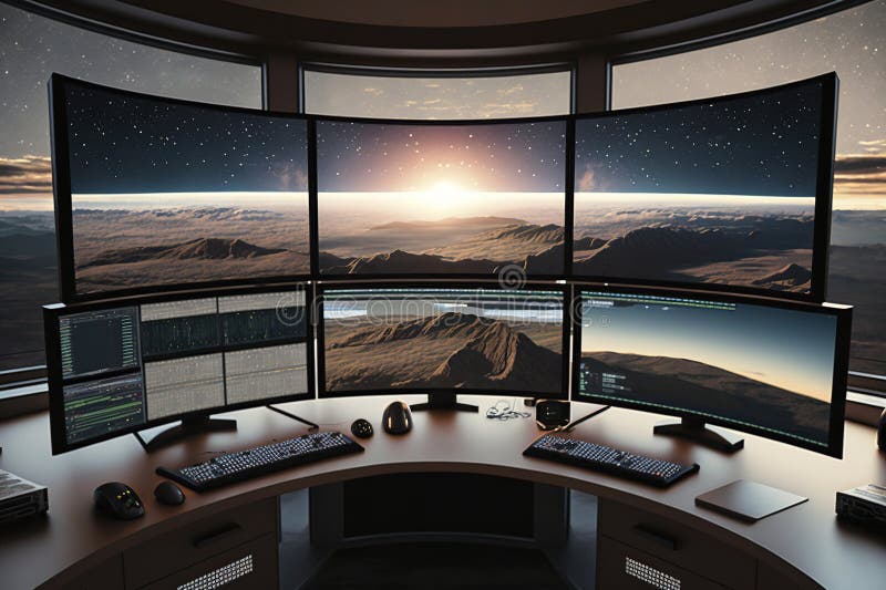 Illustration, Computer Desktop with Multiple Monitors and Sky View, Ai ...