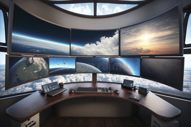 Illustration, Computer Desktop with Multiple Monitors and Sky View, Ai ...