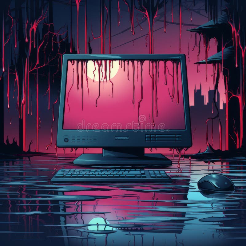 An Illustration of a Computer on the Floor with Blood Dripping from the ...