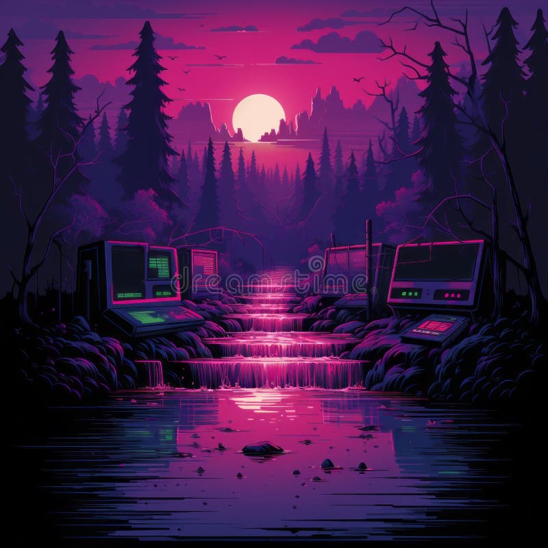An Illustration of a Computer in the Forest at Night Stock Illustration ...
