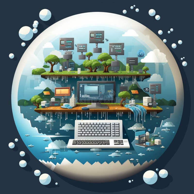 An Illustration of a Computer in the Middle of an Ocean Stock ...