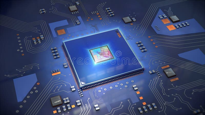 Illustration of a Computer Processor in Bright Blue on Circuit B Stock ...