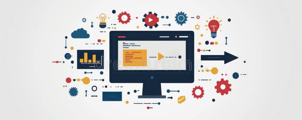 Illustration of a Computer Screen with Technology and Development Icons ...