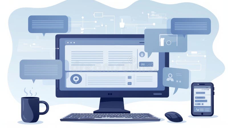 Digital Chat on Computer and Smartphone Interface with Messaging Icons ...