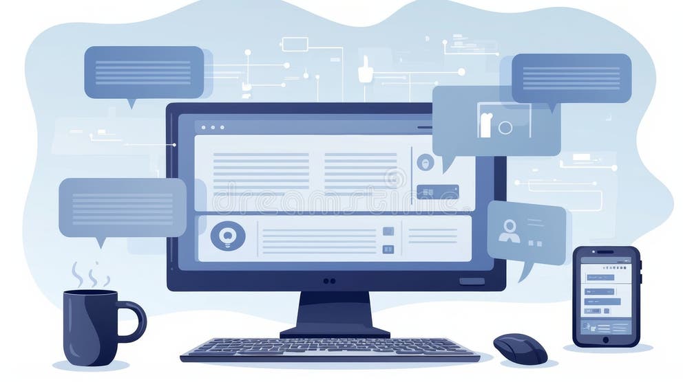 Digital Chat on Computer and Smartphone Interface with Messaging Icons ...