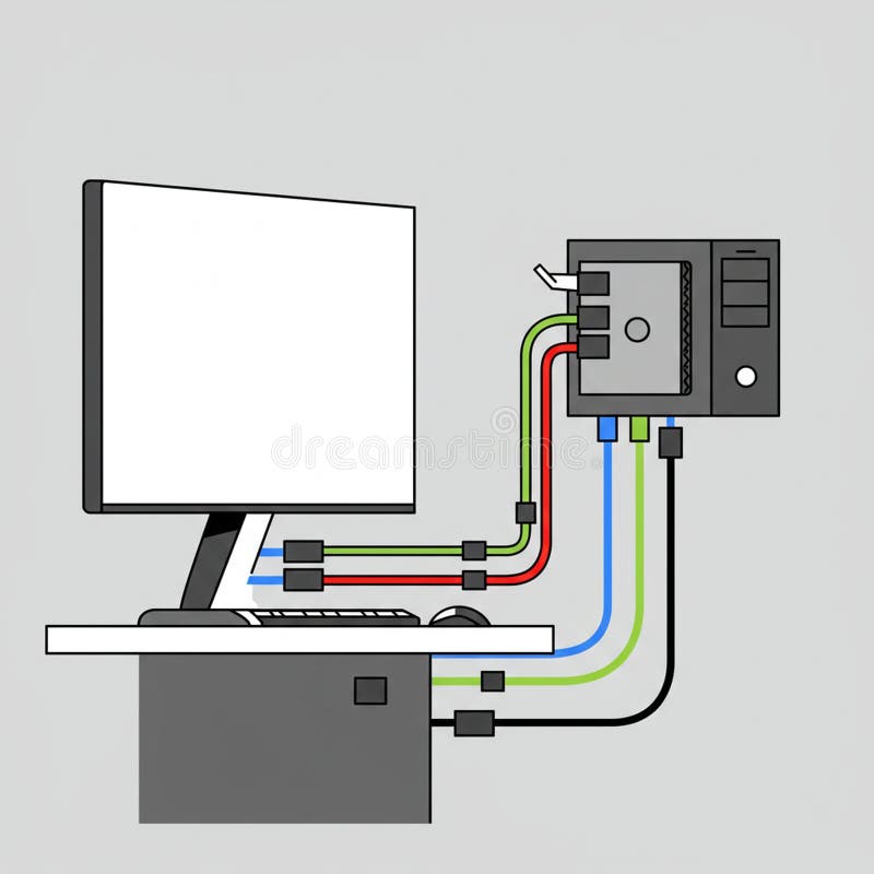 Illustration of a Computer System Connected To a CPU Via Colored Cables ...