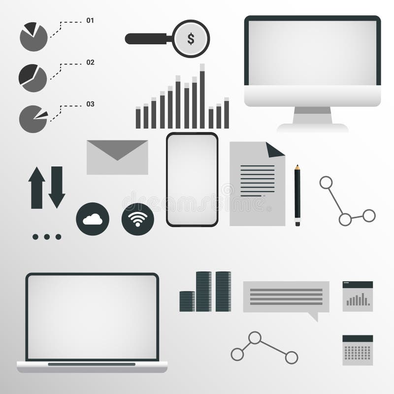 Illustration with Computers, Phone and Web Icons on Gray Background ...