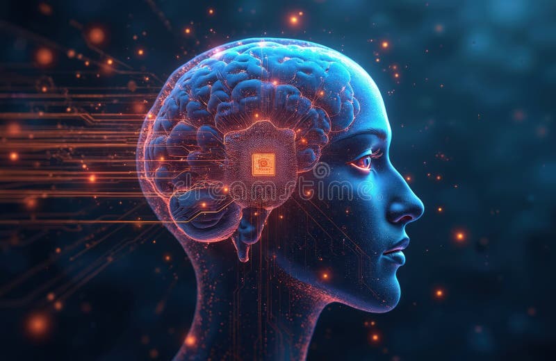 Illustration Concept of Artificial Intelligence, Futuristic Cyborg Brain. CPU Central Processor ...
