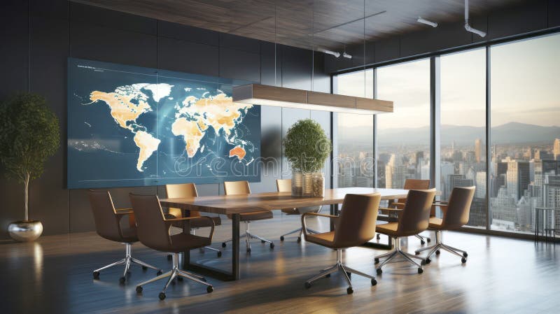 Illustration of a Conference Room with a World Map on the Wall Stock ...