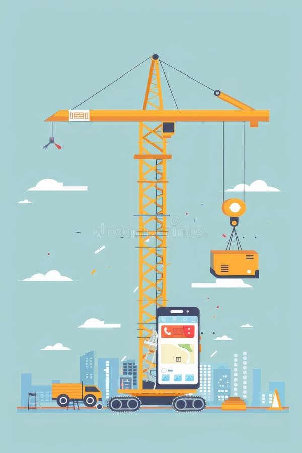 Illustration of a Construction Crane Building a Giant Smartphone ...