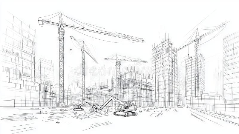 An Illustration of a Construction Site Illustrating a Handdrawn Sketch ...
