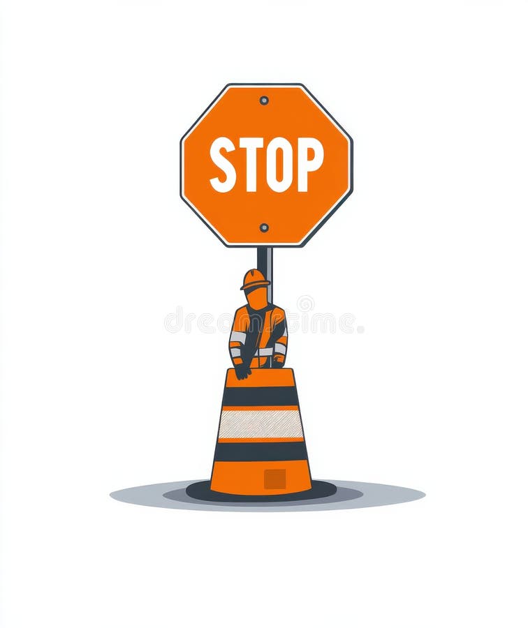 Construction Worker Road Sign with Stop Warning Design Stock ...