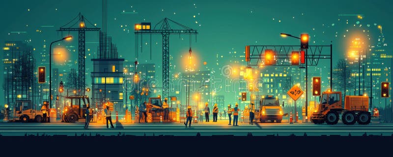 Urban Construction Site with Workers Fixing City Infrastructure Stock ...