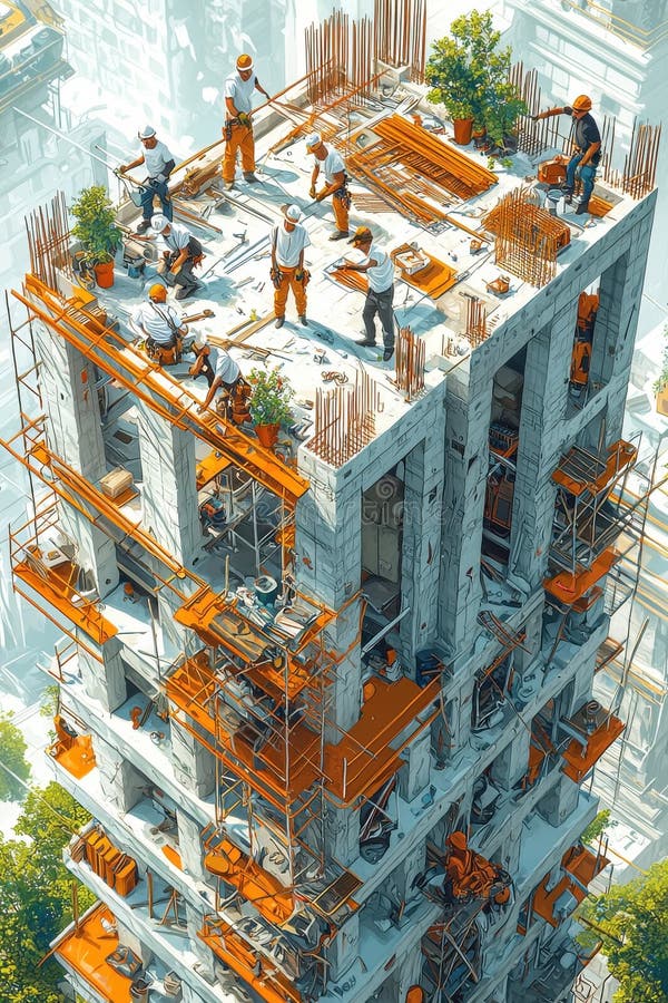 Illustration of Construction Workers Building a High-Rise Structure ...