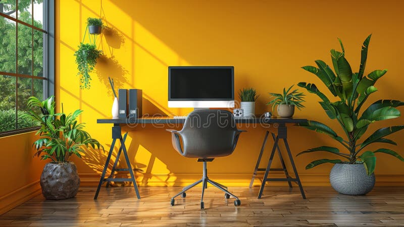 Illustration of a Contemporary Workstation with a Desk, Computer, and ...