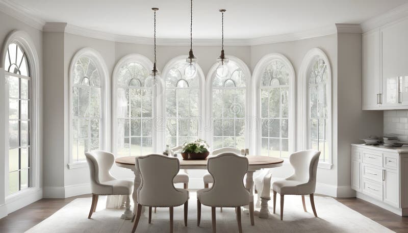 Corner of the White Dining Room with Arched Windows Stock Illustration ...