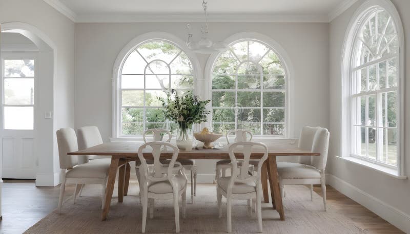 Corner of the White Dining Room with Arched Windows Stock Illustration ...