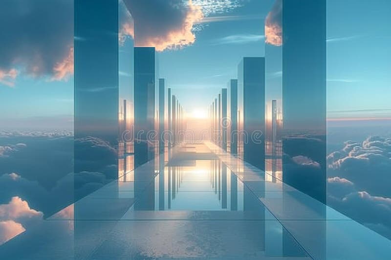 Illustration of Corridor Leading Towards the Sky with Glass Walls Stock ...