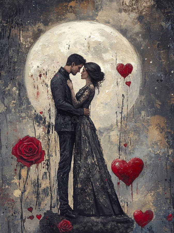 Illustration of a Couple Fall in Love Against the Backdrop of the Moon ...