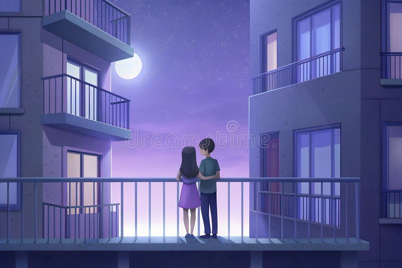 Illustration of a Couple Standing on the Balcony and Looking at the ...