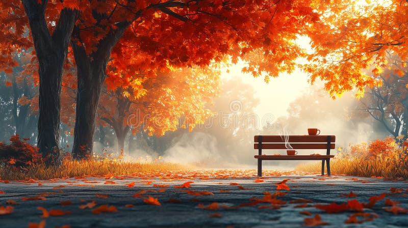 Cozy Autumn Bench with Warm Beverage in a Forest Path Stock ...