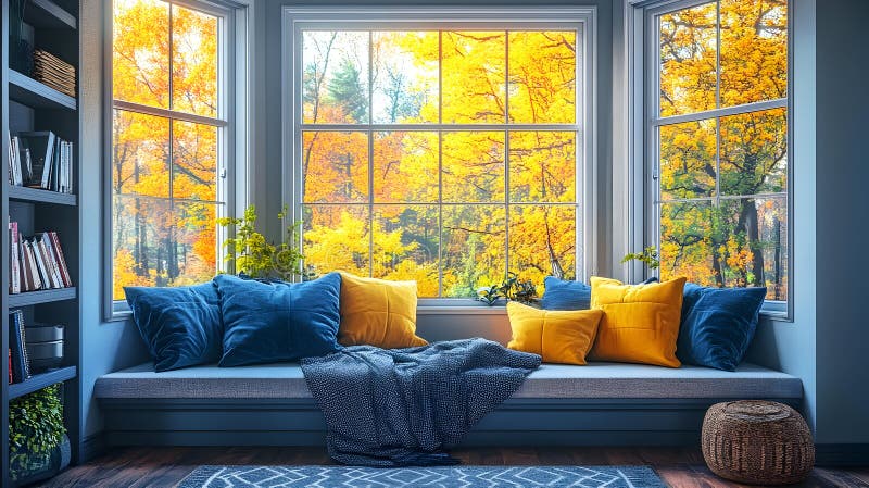 Illustration Cozy Autumn Window Seat Reading Nook Fall Colors Stock Illustration - Illustration ...