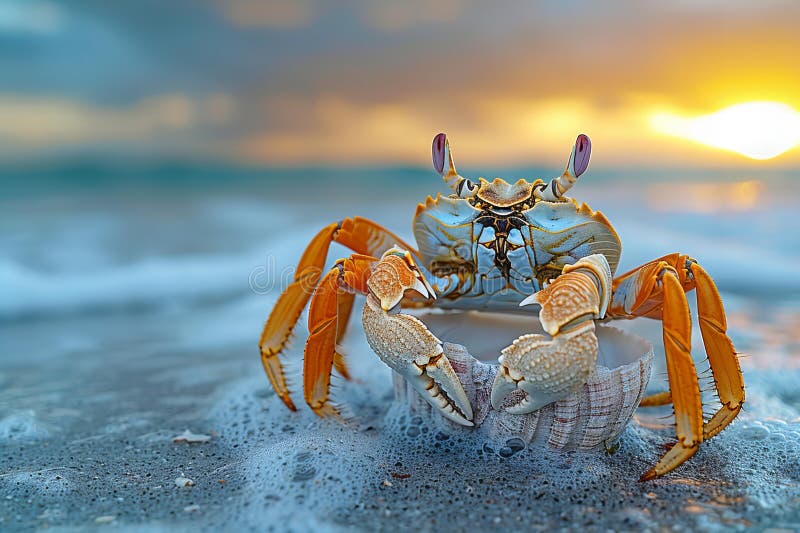 Illustration of Crab in an Open Shell on the Beach, High Quality, High ...