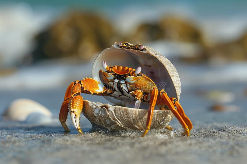 A Crab in an Open Shell on the Beach, High Quality, High Resolution ...