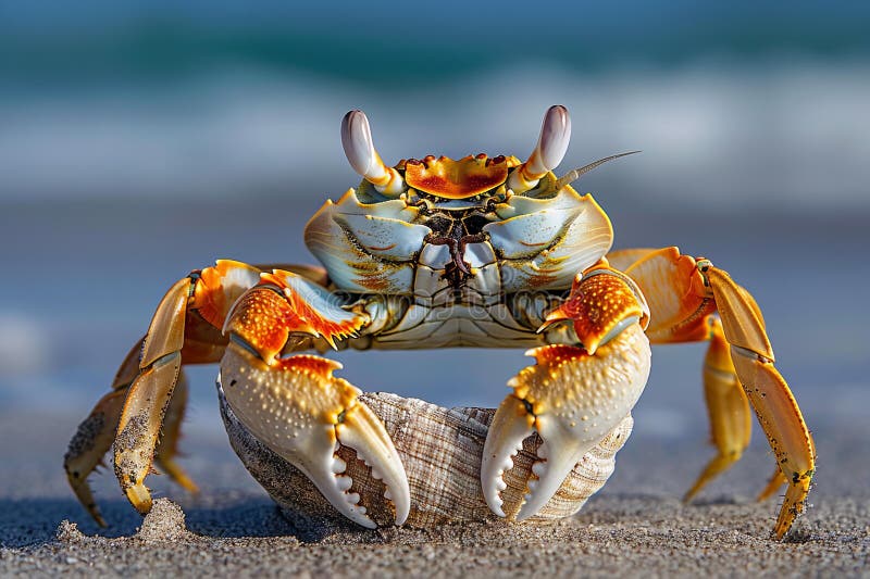 A Crab in an Open Shell on the Beach, High Quality, High Resolution ...