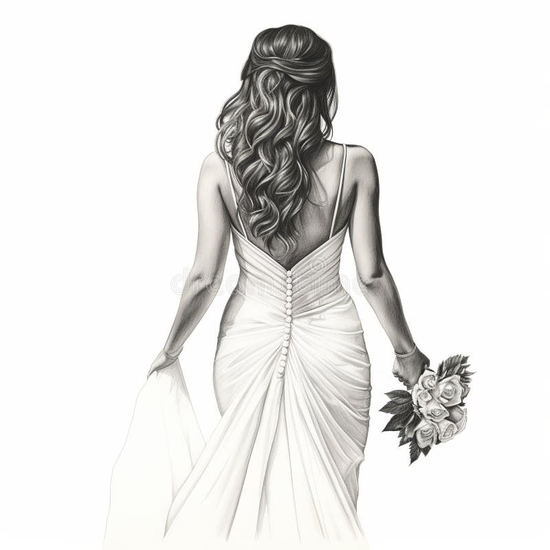 Illustration of Crayon Drawing of a Bride Back View Simple and Elega ...