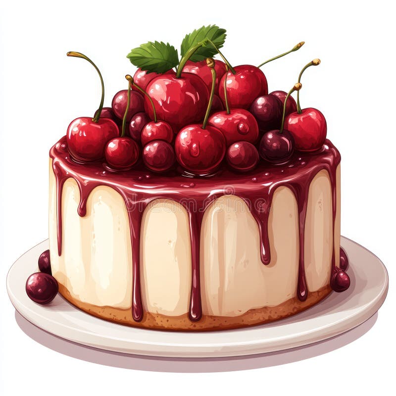 Cherry Cheesecake on White Plate. Vector Illustration of Sweet Berry ...