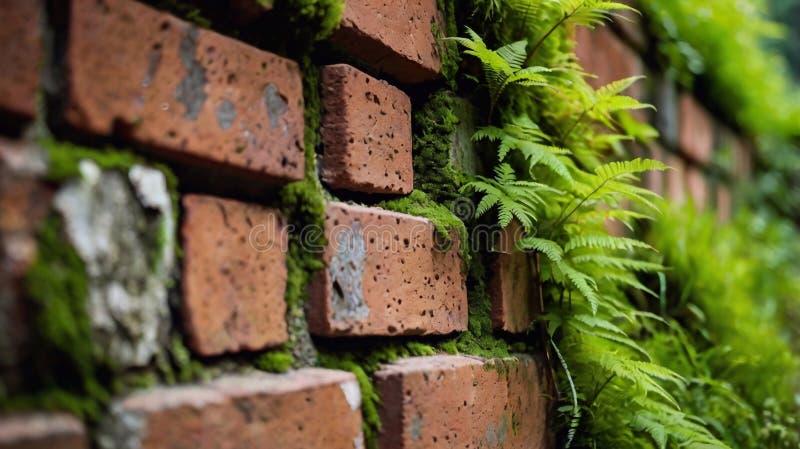 Old Brick Texture with Moss-covered Ferns in a Forest-like Environment ...