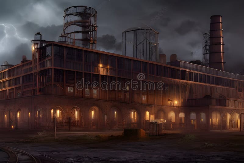 Old illuminated factory stock illustration. Illustration of evening ...