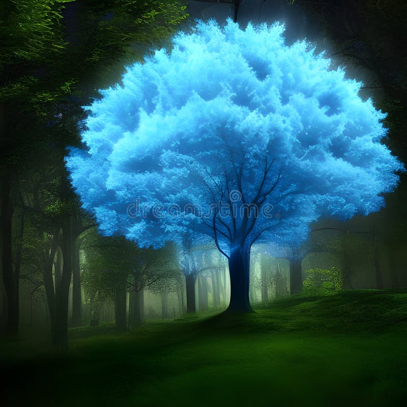 Tree with Leaves Glowing in a Blue Light in a Forest at Night. Artwork ...